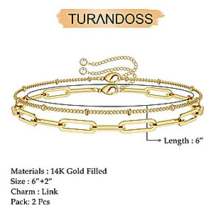 Turandoss Gold Bracelets for Women, 14K Gold Filled Layering Oval Chain Bracelet Cute Gold Layered Beads Chain Gold Bracelets for Women Jewelry(Oval Chain & Beads Chain)