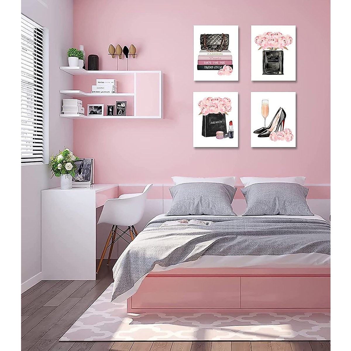 Pink Makeup Room Wall Art Fashion Perfume Flowers Handbag Poster Pictures Canvas Prints Framed for Women Bedroom Rose Gold Room Decor