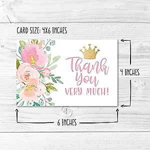 24 Floral Princess Baby Shower Thank You Cards With Envelopes, Kids Thank-You Note, 4x6 Gratitude Card Gift For Guest Pack For Party, Birthday for Girl Children, Cute Pink Royal Queen Event Stationery