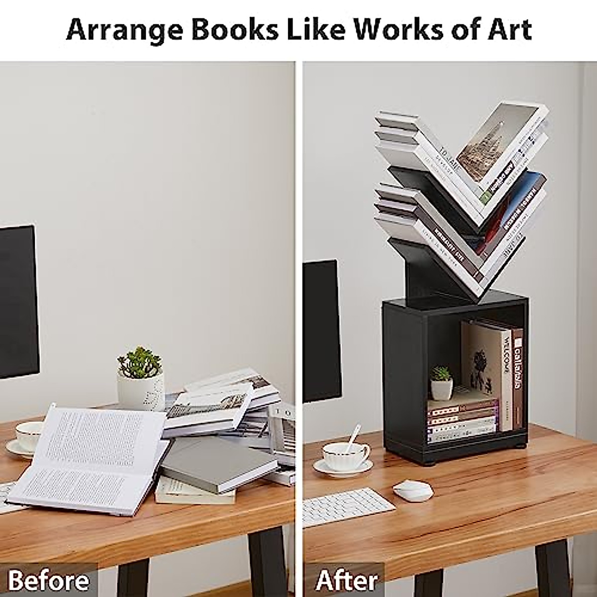 ruboka 2-Shelf Tree Bookshelf with Storage, 26.5-Inch Retro Floor Standing Bookcase Display for CDs/Magazine/Books, Small Bookshelf for Bedroom, Living Room, Office, Black Storage Shelves DESK52B