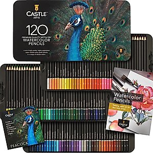 Castle Art Supplies 120 Watercolor Pencils Set | Quality Vibrant Pigments | Draw and Paint at Same Time | For Adult Artists and Professionals | Protected and Organized in Presentation Tin