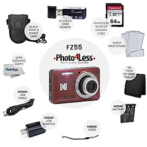 Kodak PIXPRO FZ55 Digital Camera (Red) + Black Point & Shoot Camera Case + Transcend 64GB SD Memory Card + Tri-fold Memory Card Wallet + Hi-Speed SD USB Card Reader + More!
