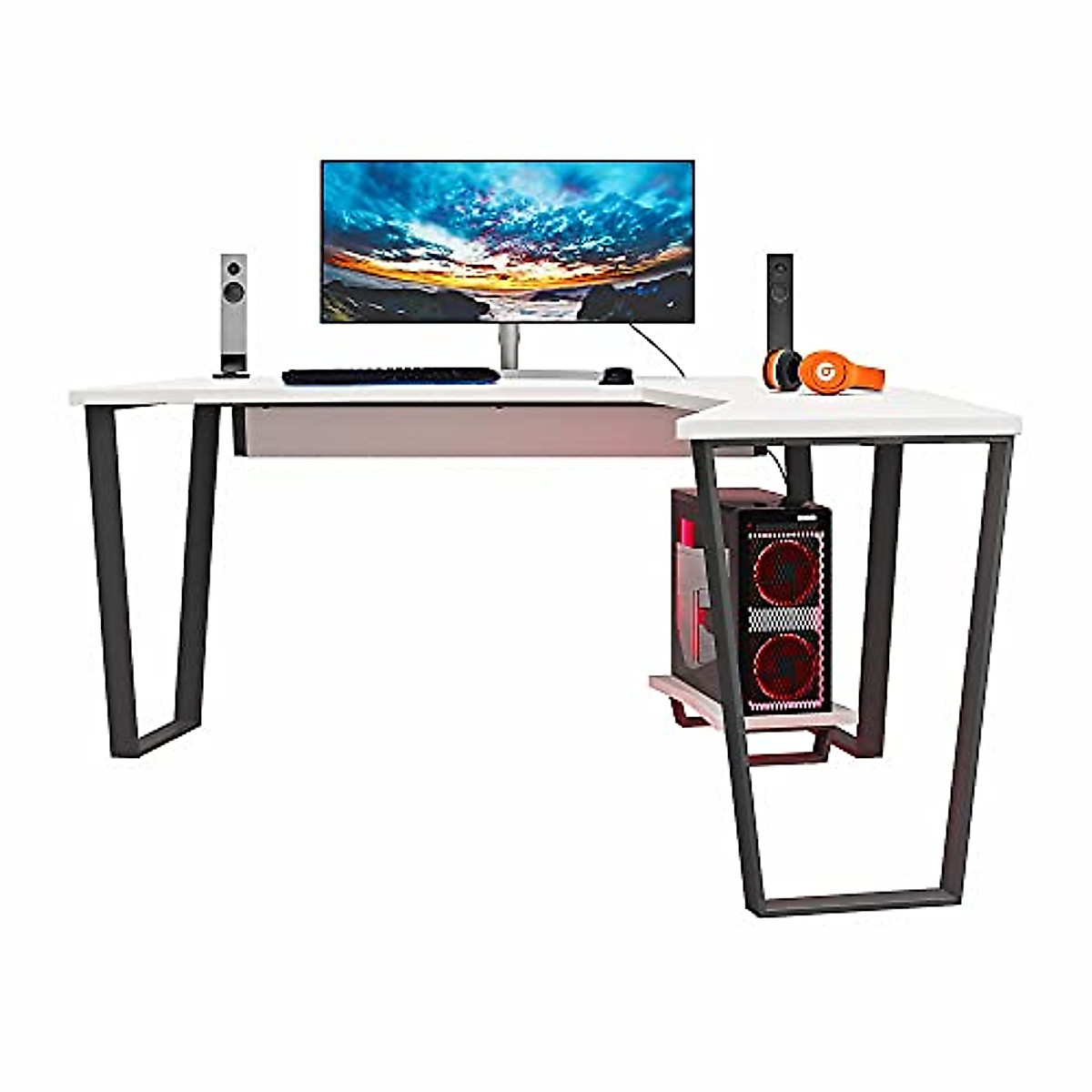 NTENSE Genesis Gaming L-Shaped Desk with CPU Stand, Corner Desk, Home Gaming Desk, Writing Workstation, Battle Station, Ergonomic Desk, Space Saving, White