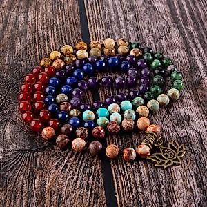 Bivei 7 Chakra 108 Mala Beads Bracelet Real Healing Gemstone Yoga Meditation Hand Knotted Mala Prayer Bead Necklace(Lotus OM-6mm beads)