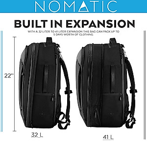 Nomatic Navigator Travel Backpack 32L W/ 9L Built-In Expansion | Anti-Theft Carry-On Size for Travel | 16" Laptop Compartment, Water Resistant Travel Pack, Weekender Bag for Men & Women, Black