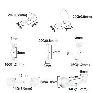 Oveta 55pcs Clear Piercing Retainers Flexible Bioflex 14G 16G 20G Navel Belly Button Ring Lip Labret Eyebrow Tongue Barbells Cartilage Tragus Earrings Retainer
