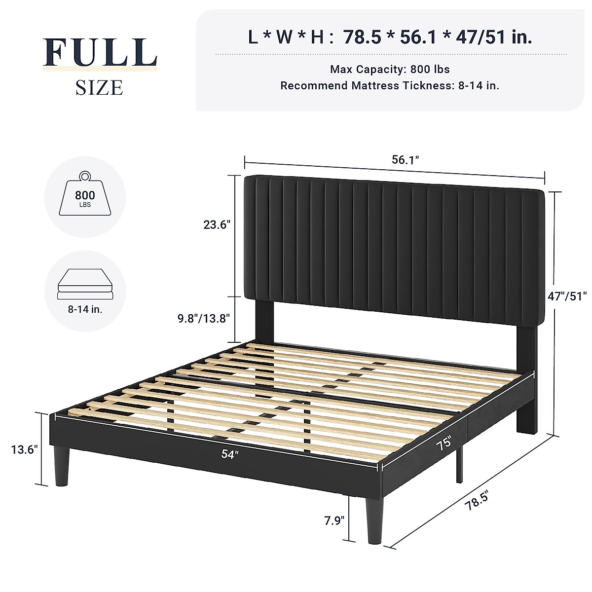 Allewie Full Bed Frame, Velvet Upholstered Platform Bed with Vertical Channel Tufted Headboard, Mattress Foundation with Strong Wooden Slats, Box Spring Optional, Easy Assembly, Black