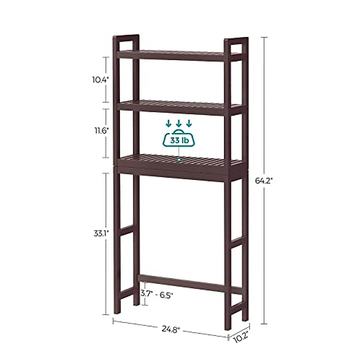 TINKLE WELL Bamboo Over The Toilet Storage, 3-Tier Bathroom Organizer Rack with Adjustable Bottom Bar, Space Saver, Natural, 64.2'' x 24.8'' x 10.2''