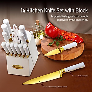 Gold Knife Set with White Handle, 14PCS Premium Quality Titanium Coated Hollow Handle Kitchen Knife Sets, Stainless Steel Chef Gold Kitchen Knife Sets with White Block, Non-slip Ergonomic Handle