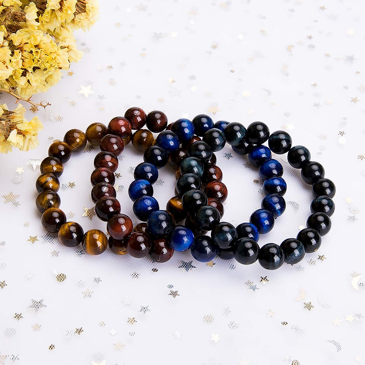 Bivei AA Quality Mens Womens 10MM Natural Tiger Eye Stone Gemstone Bead Meditation Healing Power Elastic Stretch Bracelet(Tiger Eye 4pc/Set)