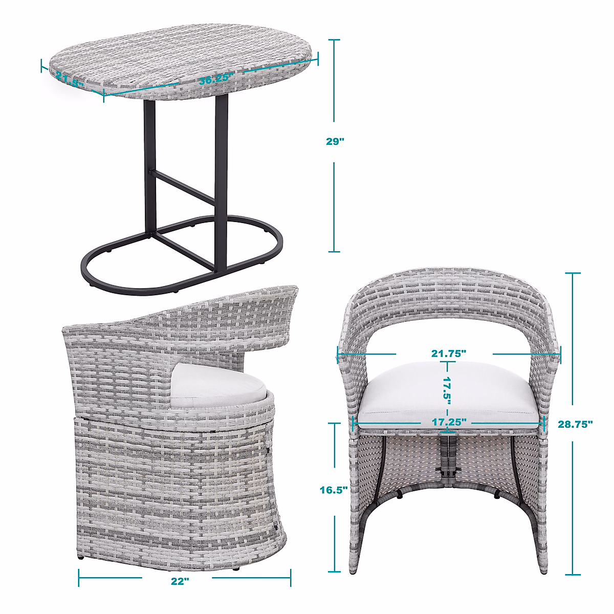 NUU GARDEN 3 Piece Outdoor Patio Bistro Set, Patio Furniture Set for 1 Iron Patio Table and 2 Dining Chairs, Balcony Furniture Patio Table and Chairs Set of 2 with Cushions, for Garden Yard, Gray