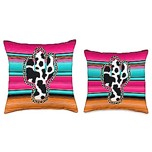 Western Serape Cactus designs Western Cow Cactus Leopard Cheetha Serape Turquoise Pink Throw Pillow, 16x16, Multicolor