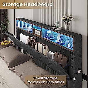 ADORNEVE LED Bed Frame Full Size with Storage Headboard, Platform Bed Frame with Outlets and USB Ports, Upholstered Bed with LED Lights & Storage, Diamond Stitched Button Tufted Design, Dark Grey