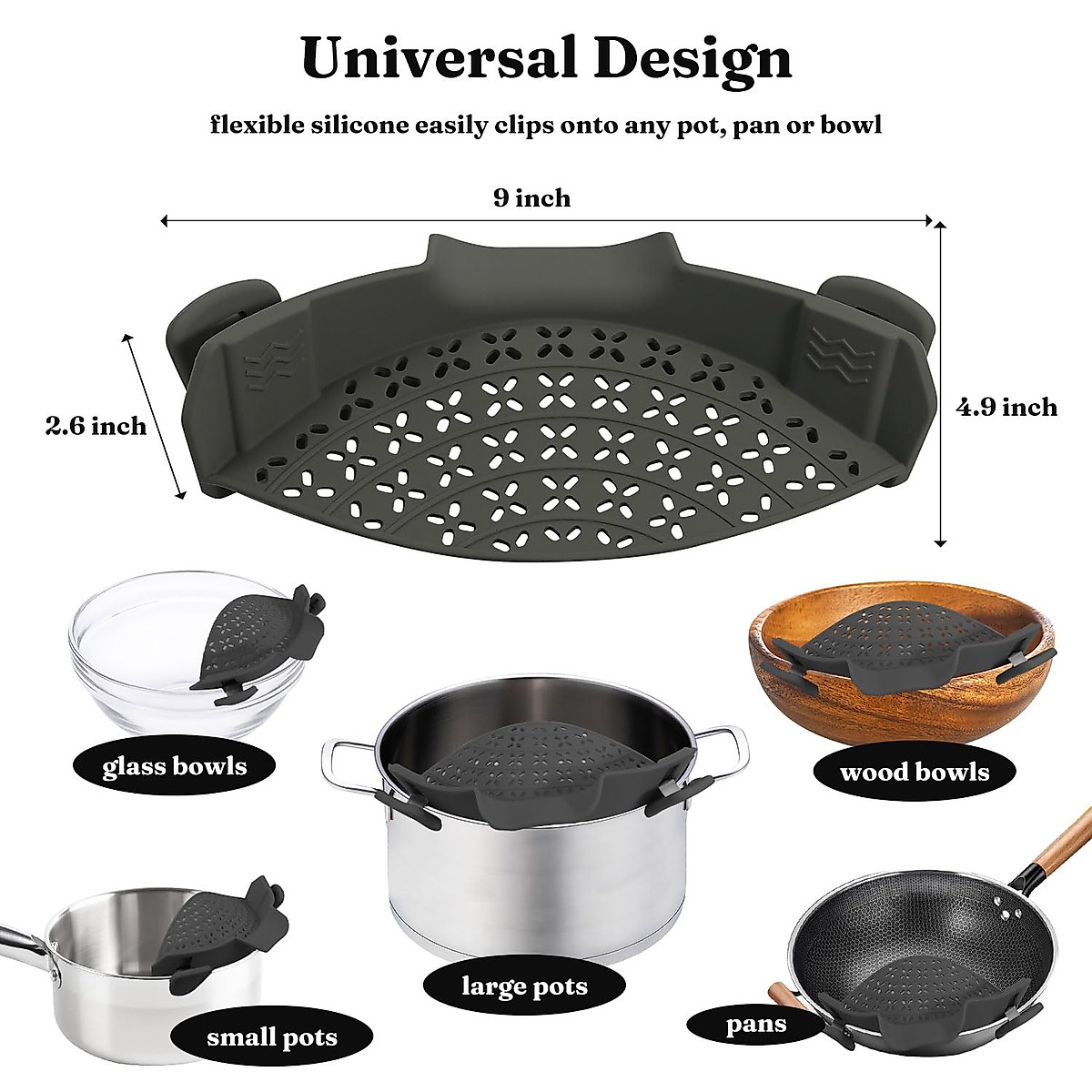 Pasta Strainer and Pot Strainer, Silicone Food Strainer, Adjustable Silicone Clip On Strainer for Pots, Pans, and Bowls, Kitchen Colander (Gray)