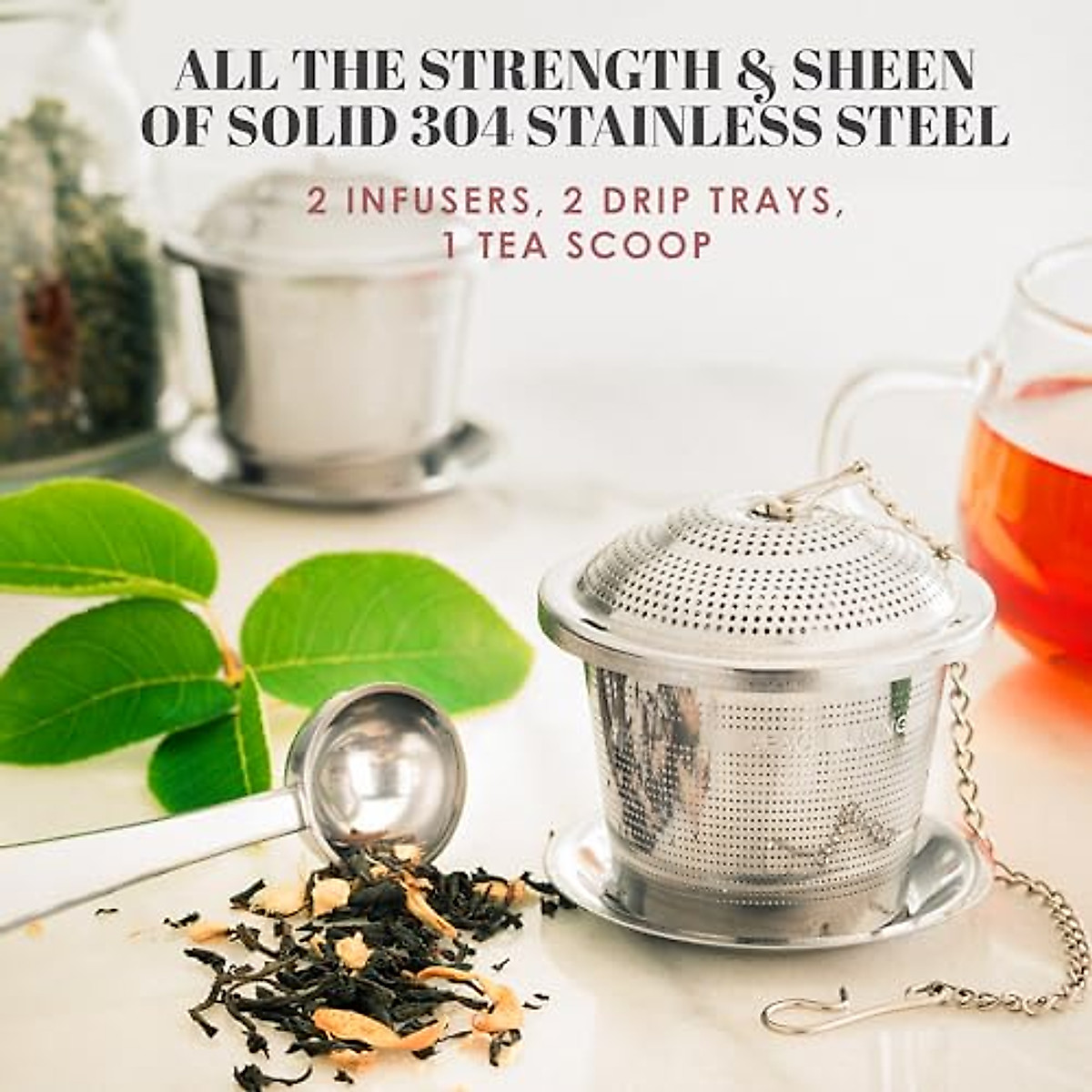 Loose Leaf Tea Infuser (Set of 2) with Tea Scoop and Drip Dray by Apace - Ultra Fine Stainless Steel Strainer & Steeper for a Superior Brewing Experience