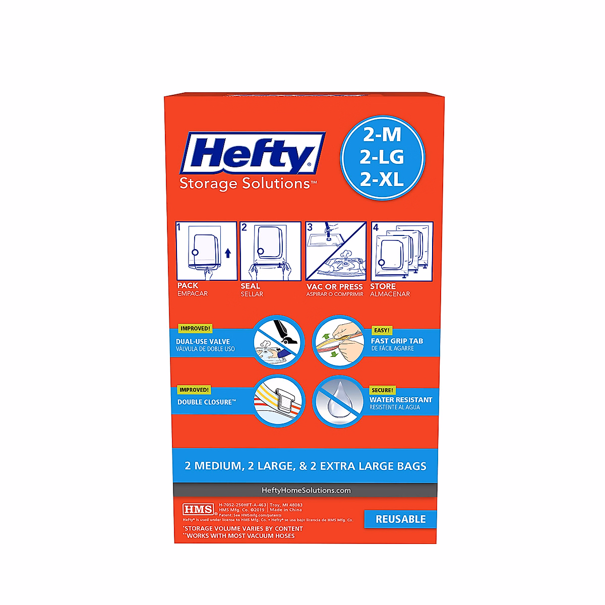 Hefty Shrink-Pak - 2 Medium, 2 Large, 2 XL Vacuum Seal Storage Bags – Space Saver Bags for Clothing, Pillows, Towels, or Blankets, 6 Pc Set