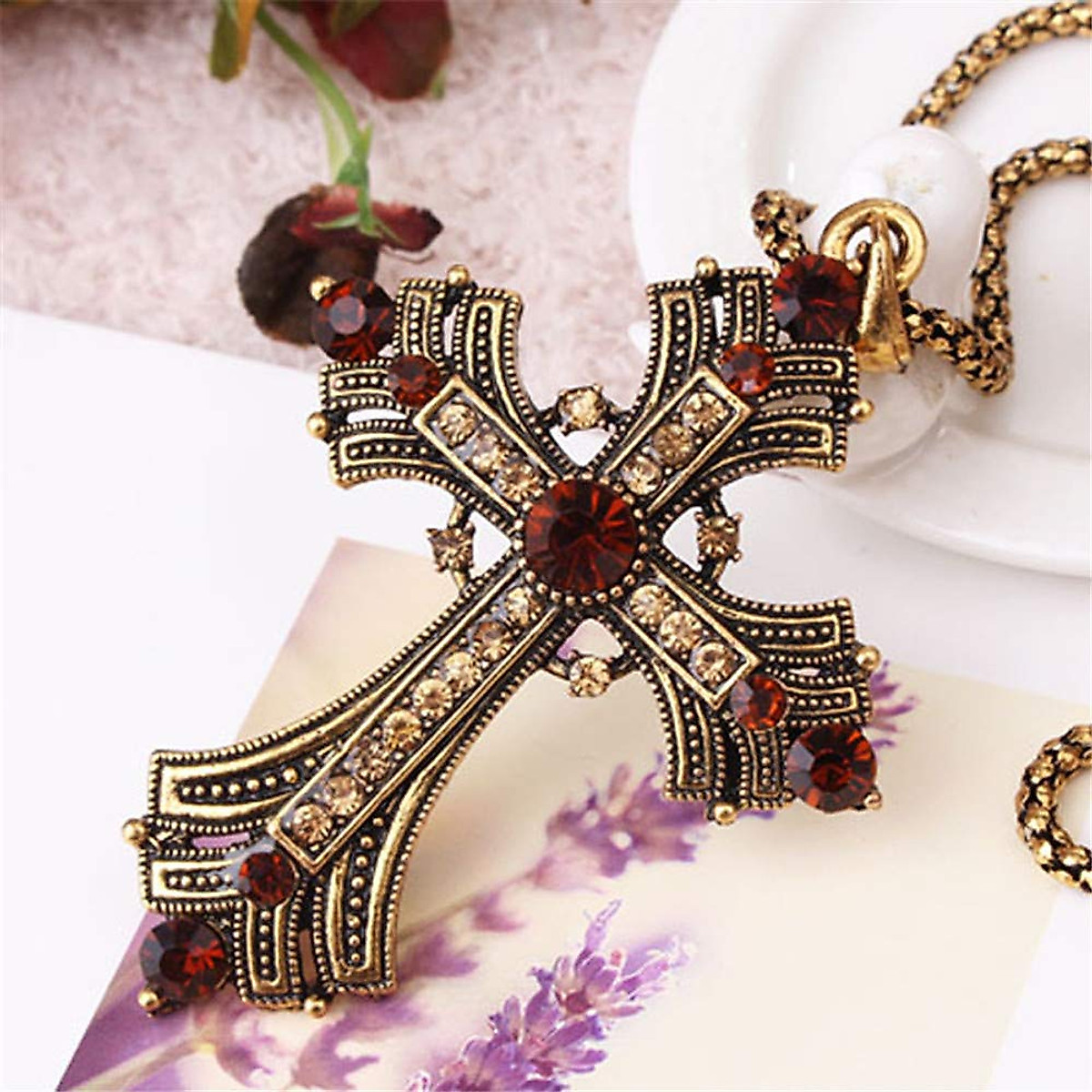 QTMY Vintage Celtic Rhinestone Diamond Cross Long Pendant Necklace for Women Jewelry,God We Trust(2)