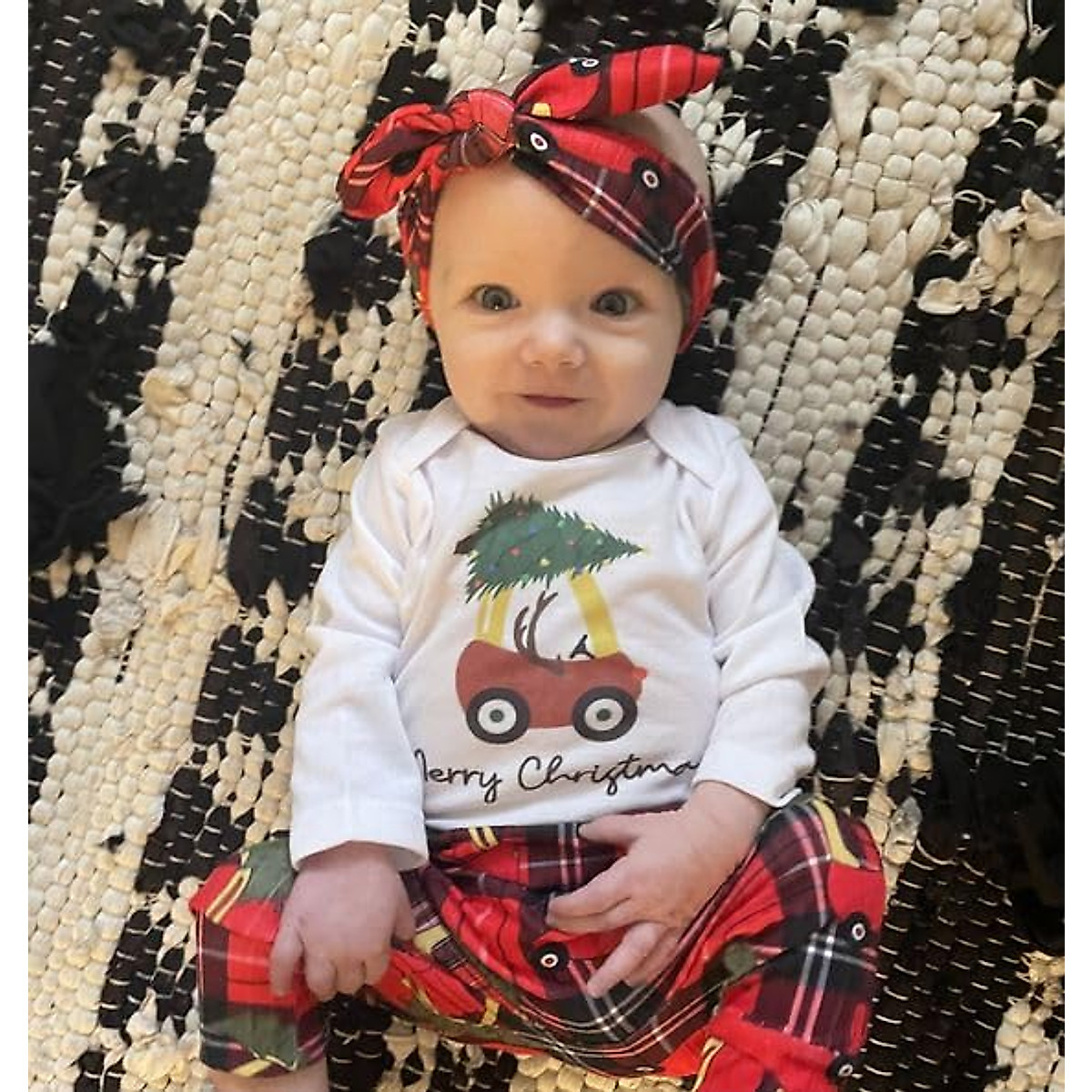 FYBITBO My First Christmas Baby Boy Girl Outfit Newborn Long Sleeve Bodysuit Romper Pants Set Fall Winter Clothes (White Merry Christmas Letter Print, 6-12 Months)