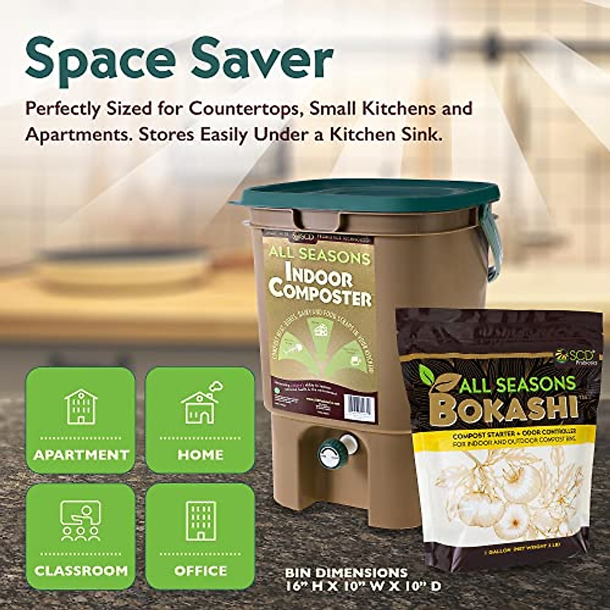 All Seasons Indoor Composter Kit, 5-Gallon Dark Tan Countertop Kitchen Compost Bin with 2 lbs. (1 Gallon) of Bokashi - Easily Compost in Your Kitchen After Every Meal by SCD Probiotics