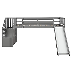 Low Loft Bed with Stairs for Kids and Toddlers Wood Loft Bed Frame with Slide Twin Loft Beds with Stairway Storage for Boys Girls, Gray