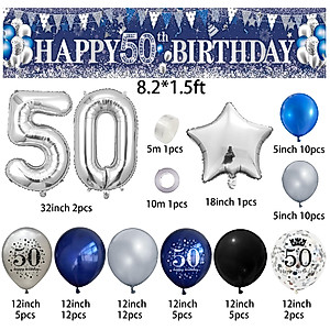 50th Birthday Party Decorations Navy Blue Silver Happy 50th Birthday Yard Banner with 61pcs Latex Balloons Foil Number 50 Balloons Backdrop for Men Women Birthday Anniversary Party Decor Supplies