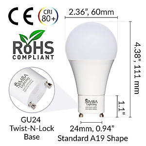 Simba Lighting LED GU24 A19 Light Bulb 9W 60W to 75W Replacement (4 Pack) 120V 2 Prong Twist and Lock Base for Ceiling Lights, Pendants, Outdoor Lanterns, Floor Lamps, Non-Dimmable, 5000K Daylight