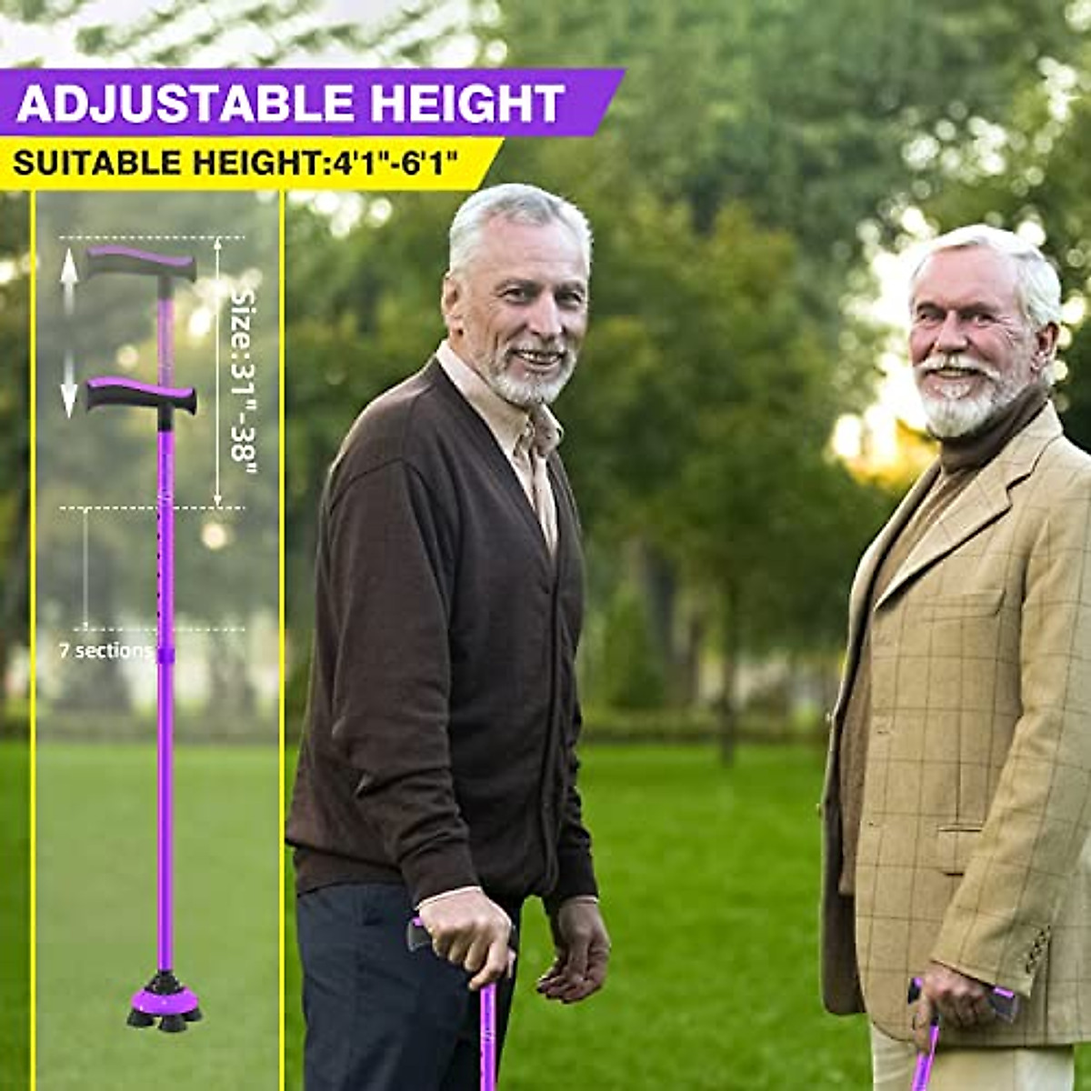 BeneCane Walking Cane for Men & Women Walking Stick for Seniors Folding Canes Quad Cane Adjustable Lightweight Sturdy Free Standing Collapsible Heavy Duty with Soft TPR T-Handle and Travel Bag(Purple)
