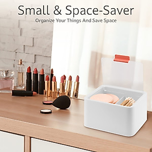 HOMEQUIP bathroom organizer Cotton Pad & Q Tip Storage with Lid – White Quip Dispenser Box with 2 Sections for Cotton Swab Balls, Makeup Sponge, Tooth Pick, Hair Accessories & Much More