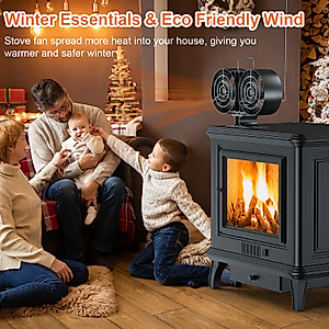 PEDOOD Wood Stove Fan with Protective Cover Dual Motor Heat Powered Fans 8 Blades Slient Fireplace Fan with Magnetic Thermometer，Eco Stove Fans Air Circulation Heating for Gas/Wood/Log Burner Stove