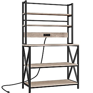 Yaheetech 5-Tier Bakers Rack with Power Outlet, Microwave Stand Utility Storage Shelf with Metal Frame, Industrial Kitchen Rack Coffee Bar with Adjustable Feet, 35.5 x 16 x 64.5, Gray