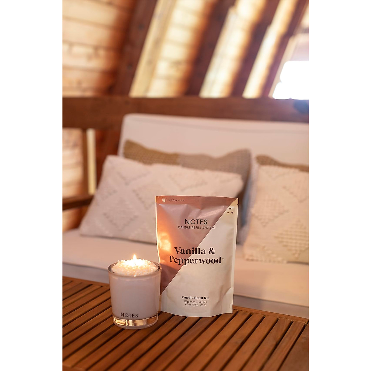 NOTES Sustainable Candle Refill | Non-Toxic Fragrance, Natural Wax Beads (Beeswax, Rice bran and Soy), Cotton Wick and Sustainer - (1) Vanilla & Pepperwood