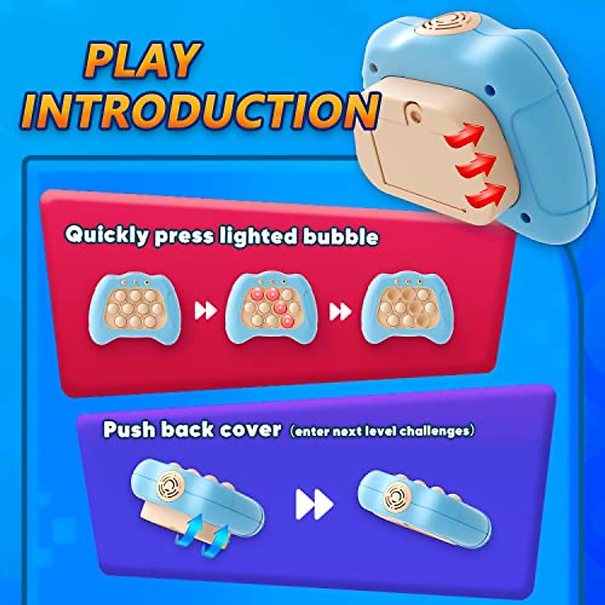 Quick Push Light Up Pop Game Fidget Toys for Adults and Kids | Puzzle Game Machine | Squeeze Poppet Sensory Push Pop Bubble Toy | Relief Party Favors Puzzle Game Fidget Console (Light Blue)