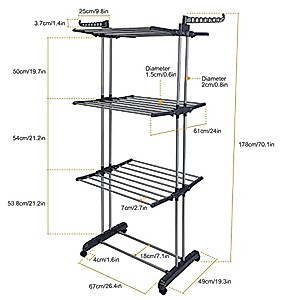 iMounTEK Clothes Drying Rack, Oversize 3-Tier Drying Rack Clothing (70" Height) Rolling Clothes Rack Laundry Drying Rack Clothing Drying Rack Garment Dryer Stand with 2 Side Wings
