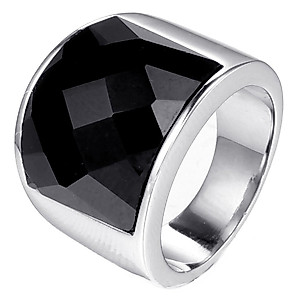 Oakky Men's Women's Stainless Steel Silver Simple Square Big Shiny Gemstone Wide Ring Band Black Size 7