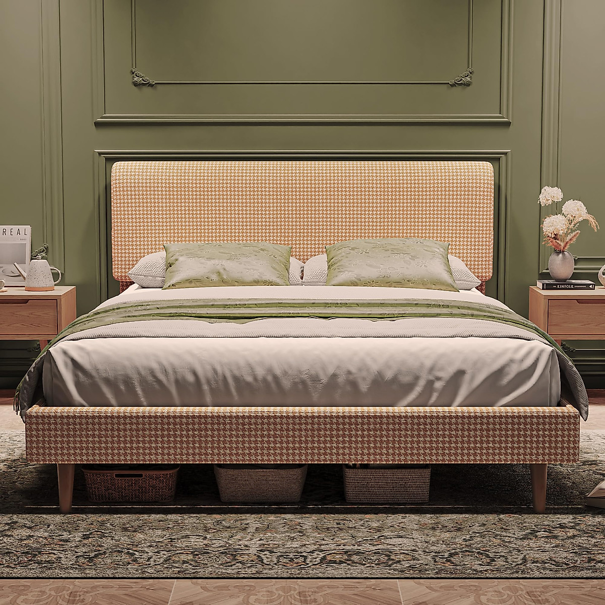 LIKIMIO Queen Bed Frame with Headboard, Fully Cotton Upholstered Foundation, Wooden Slats Support, Noise Free, No Box Spring Needed, Easy Assembly, Rustic Yellow and White Checkered