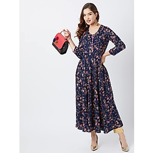 Tissu Women's Navy Blue & Pink Floral Printed Flared Kurta (Blue_S)