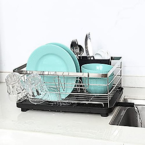 Fogein Dish Drying Rack,Dish Racks for Kitchen Counter，Stainless Steel Dish Drainer with Utensil Holder Removable Drainer Tray for Kitchen Countertop(Black)