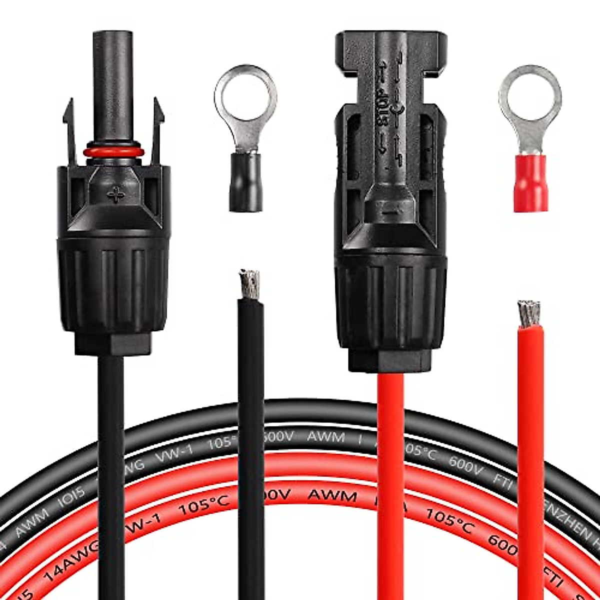 CERRXIAN 14AWG 3.2FT Solar Extension Bare Wire Cable with Female and Male Connector with O Ring Solar Panels, Charge Controller(Black+Red) (14AWG 3.2FT)-o