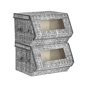 SONGMICS Stackable Storage Bins Set of 2, Fabric Storage Boxes with Lids, Storage Cubes with Magnetic Closures, Front Windows, Lids Can Stay Open after Stacking, Light Gray URLB002G02