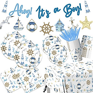 Ahoy Nautical Baby Shower Decorations Tableware,142pcs Ahoy Its A Boy Baby Shower Plates and Napkins Supplies Ahoy Nautical Party Dinnerware Tablecloth for Boy Sailor Theme Baby Shower Decorations
