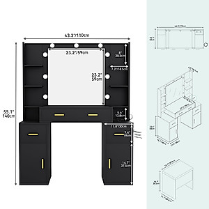 YITAHOME Makeup Vanity Desk with Mirror and Lights, Large Vanity Set with Charging Station, Dressing Table with Storage Bench, Makeup Vanity Mirror with Shelf and Drawers, 3 LED Lights Modes, Black