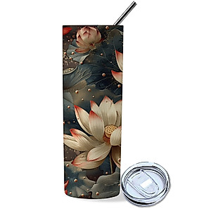 Medpol lotus flowers insulated tumblers，Chinese style lotus flowers coffee cup Gift，flowers Drinking Glasses-Tea Cup-Coffee Mug tumbler with lid and straw 20 oz insulated tumbler cups