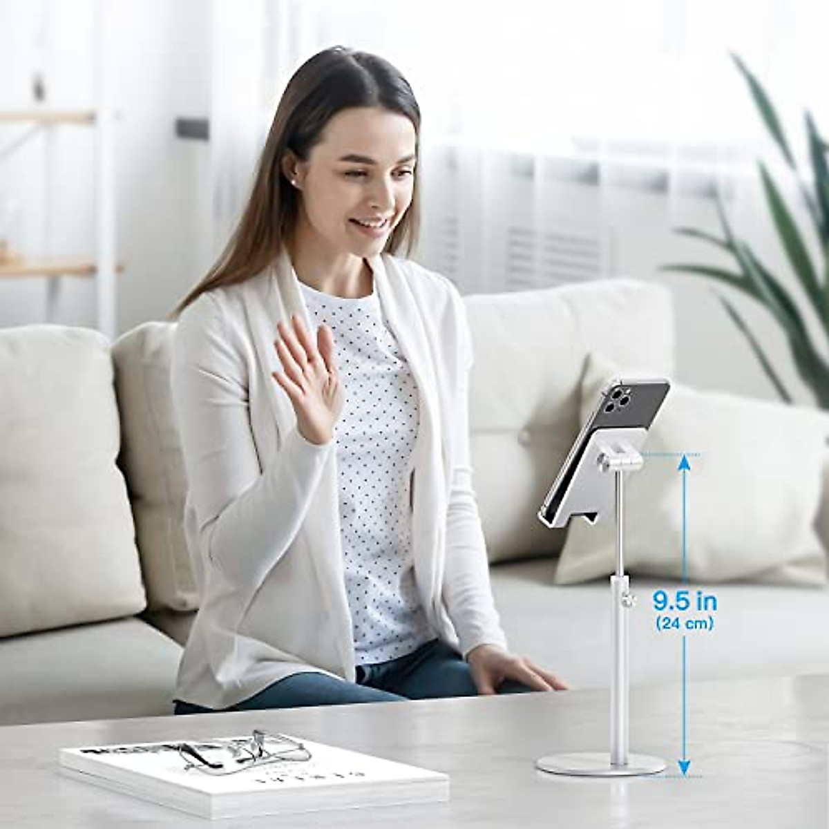 Cell Phone Stand, OMOTON Angle Height Adjustable Phone Holder, Aluminum Desktop Phone Dock for Desk, Compatible with iPhone 13/Mini/Pro/Max, All Smartphones and Tablets(4-11''), Silver