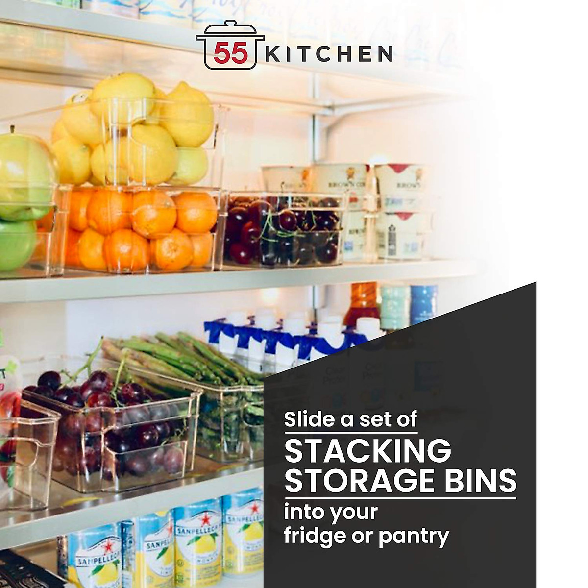 (4 Pack) Pantry and Refrigerator Organizer Bins for Kitchen and Cabinet Storage | Stackable Food Bins with Handles | BPA FREE Fridge and Freezer Containers | Clear