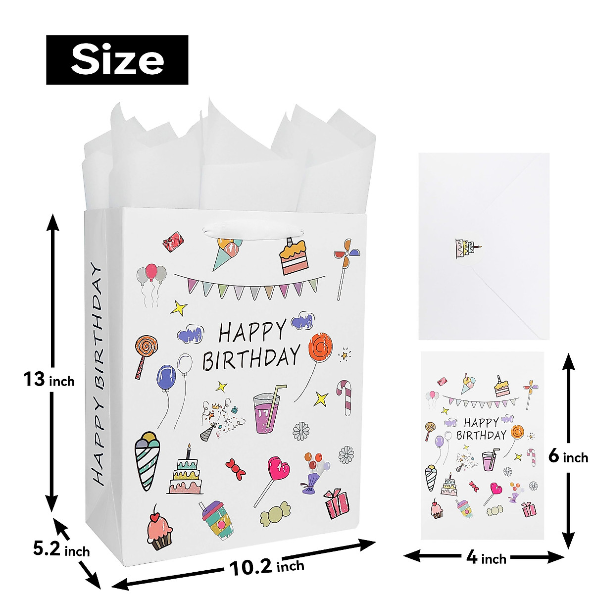 13" Large White Gift Bag Set with Greeting Card and Tissue Papers (Cake and Ice Cream) for Boys, Girls or Kids Birthday Party, Baby Shower