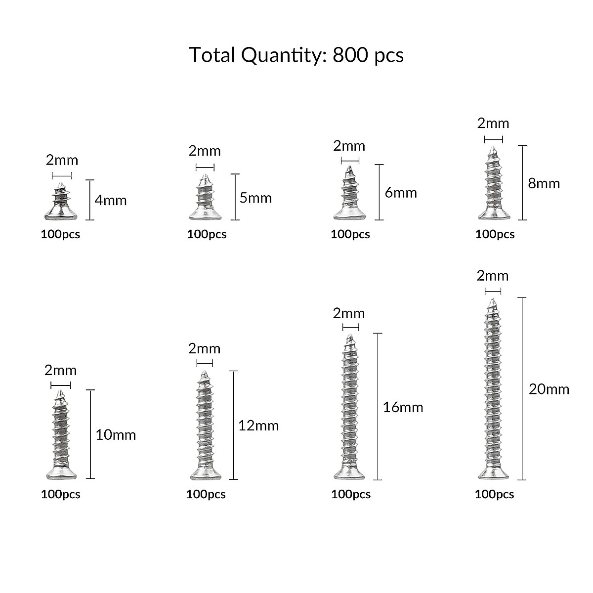 Silver M2 Nickel-Plated Carbon Steel Flat Head Self Tapping Screws (800pcs/Set), Assortment Drilling Screws with Storage Case, 4mm 5mm 6mm 8mm 10mm 12mm 16mm 20mm