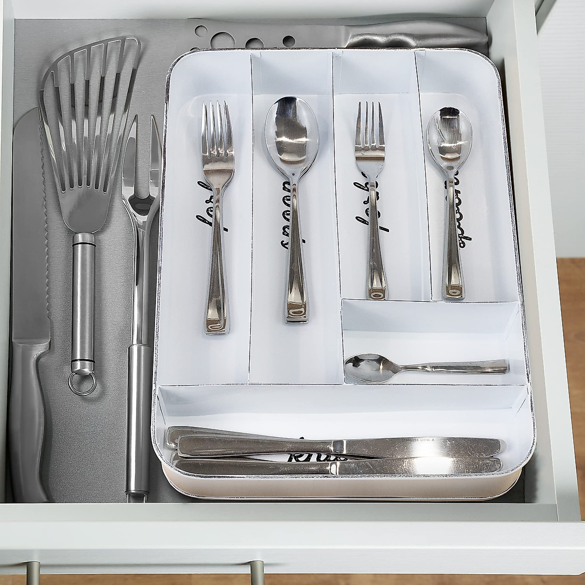 AuldHome Farmhouse Enamelware Silverware Organizer (White), Divided Cutlery Utensil Drawer Organizer