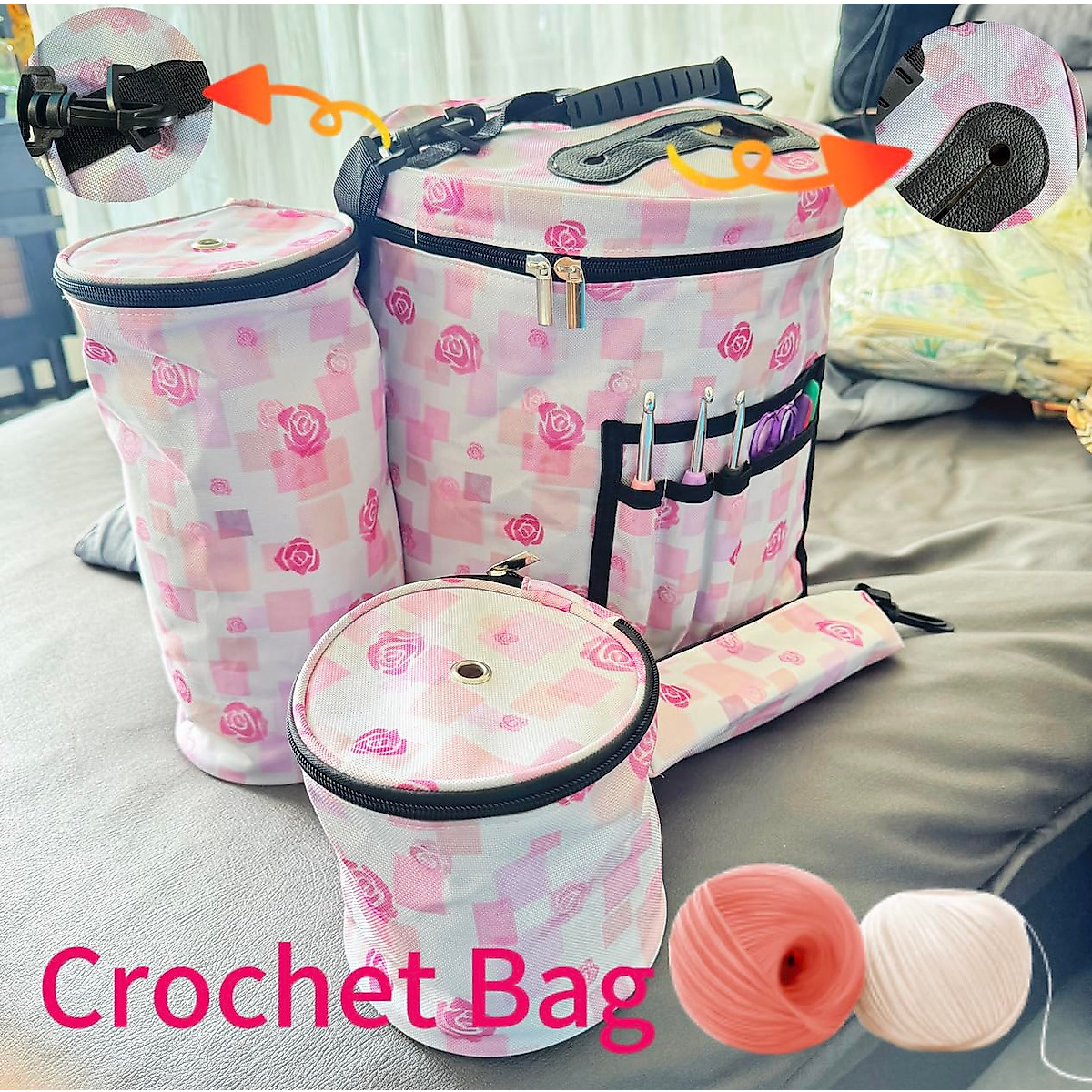 BEST Yarn Storage Bag Organizer Crochet Knitting Craft DIY Project Holder Tote for EXCEPTIONAL Organization - Lightweight STYLISH & Portable (Rose Pink)