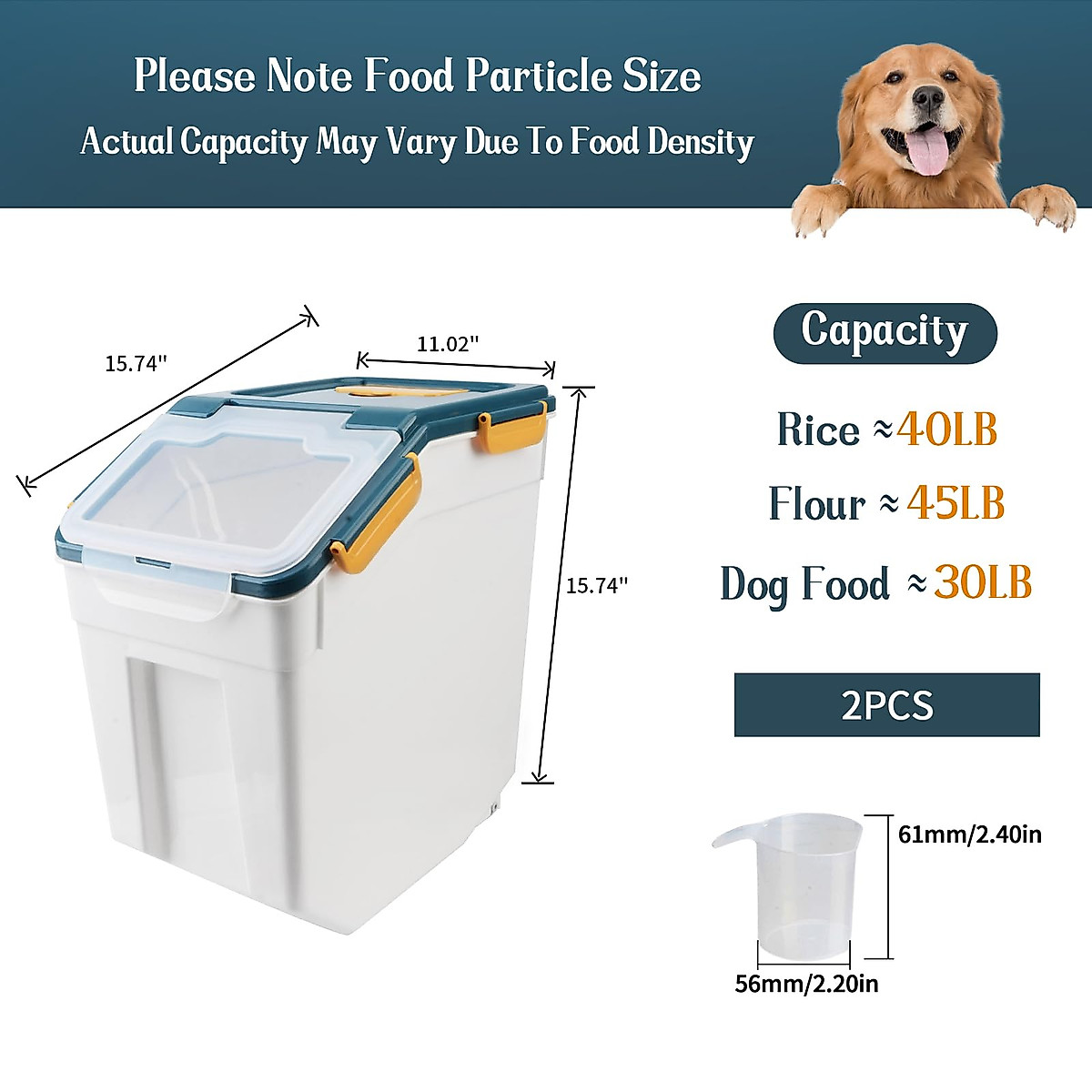 Qiveno 2 Pack Rice Storage Container with Measuring Cup 50 lb Flour Storage Container with Wheels, BPA Free Food Storage Container Dog Cat Food Bin Set for Dry Food Sugar, Cereal(Blue)