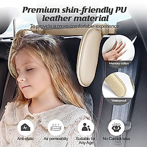 SanLead Car Headrest Pillow Beige, Adjustable Car Seat Head Neck Support, Memory Foam Road Pal Headrest, U Shaped Kids Car Sleeping Pillow for Travel